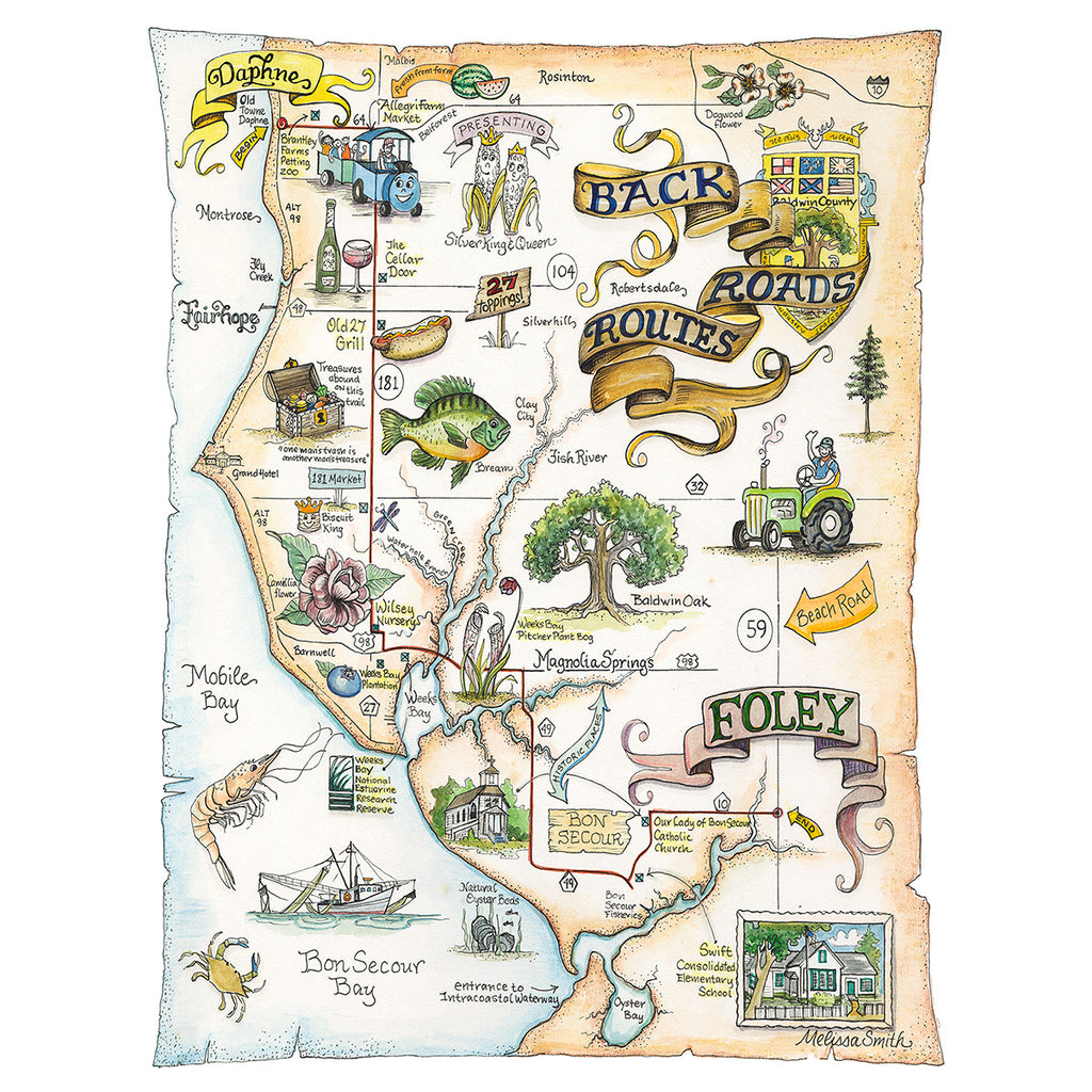 Eastern Shore Back Roads Map Print by Melissa Smith – Mobile Bay Shop